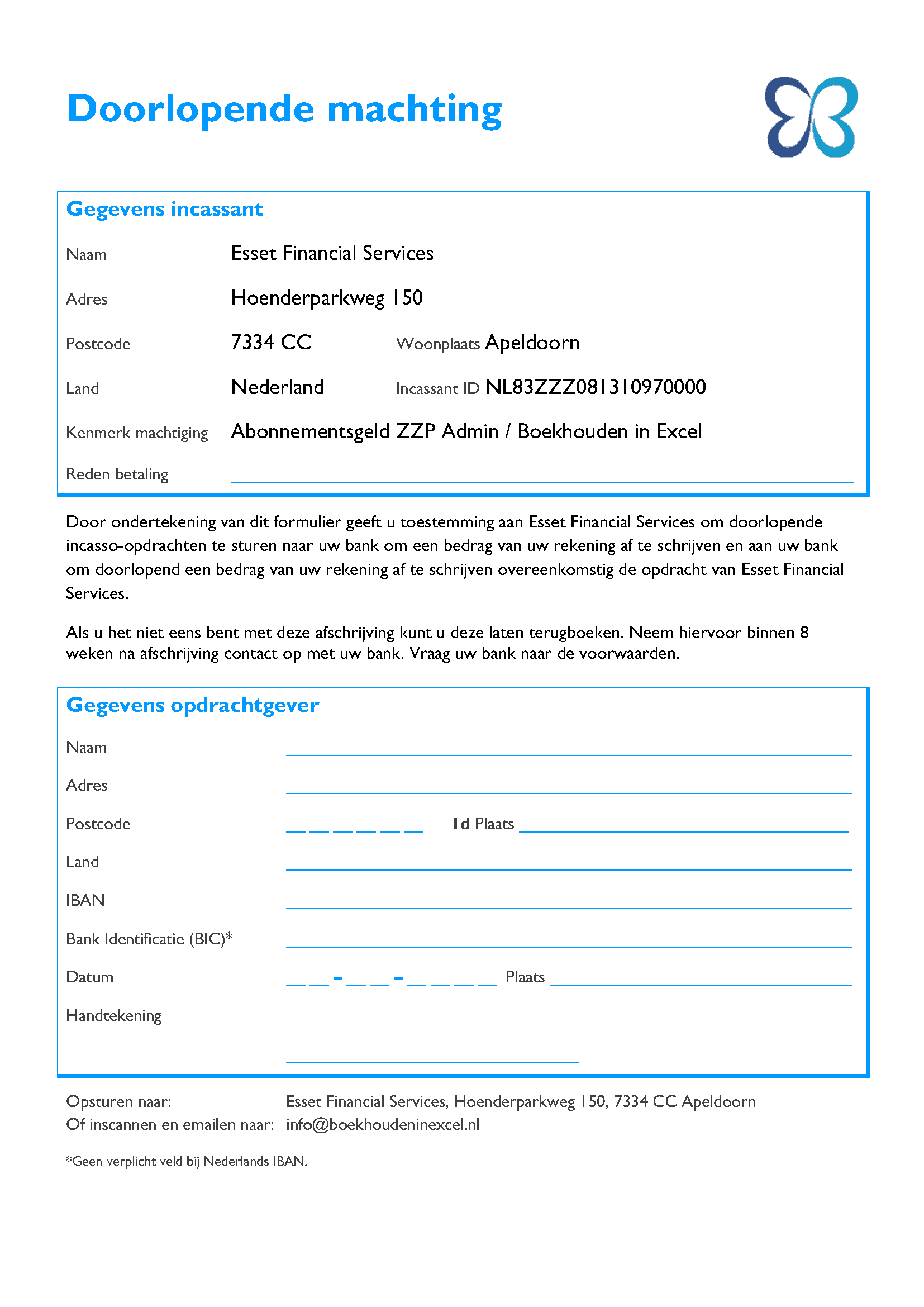 Machtigingsformulier SEPA - Boekhouden in Excel