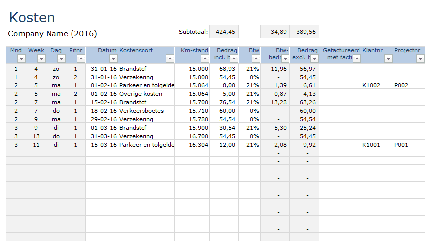 Kilometerregistratie in Excel Premium - Boekhouden in Excel