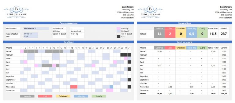 Vakantieplanning in Excel voor registratie van verlof, ziekte ...