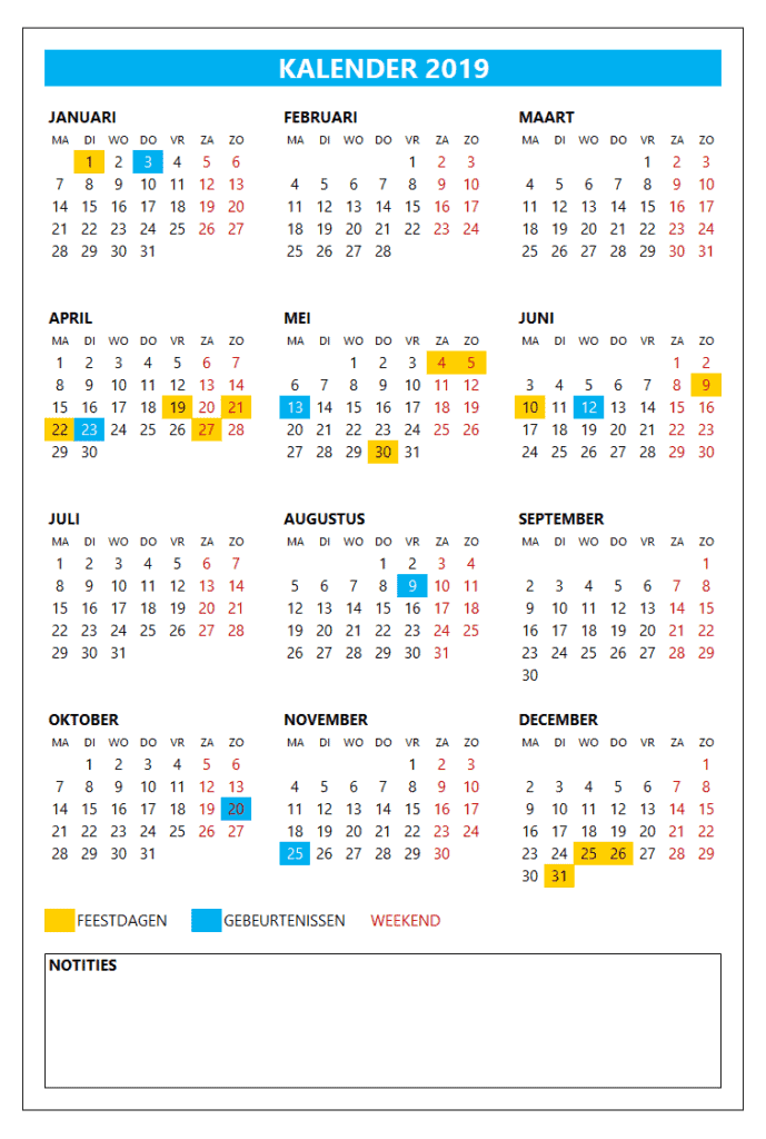 Kalender in Excel, 20 ontwerpen voor jaar-, maand-, week- + dagkalenders
