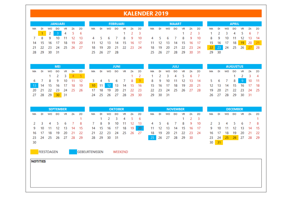 Kalender in Excel, 20 ontwerpen voor jaar-, maand-, week- + dagkalenders