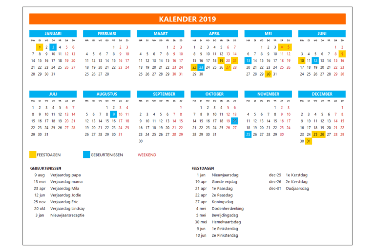 Kalender in Excel, 20 ontwerpen voor jaar-, maand-, week- + dagkalenders