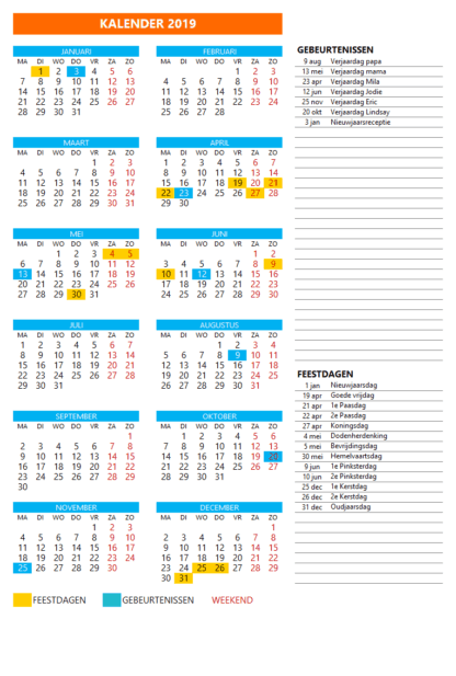 Kalender in Excel, 20 ontwerpen voor jaar-, maand-, week- + dagkalenders