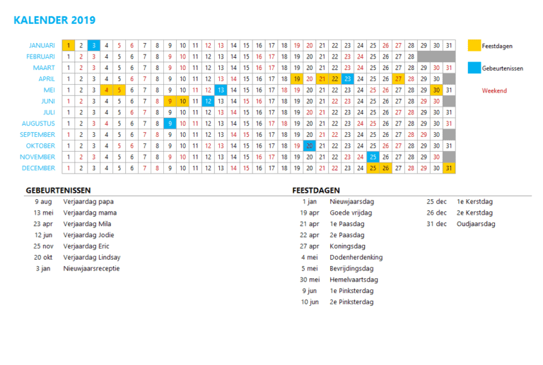 Kalender in Excel, 20 ontwerpen voor jaar-, maand-, week- + dagkalenders