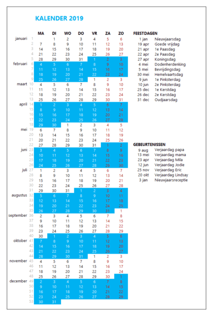 Kalender in Excel, 20 ontwerpen voor jaar-, maand-, week- + dagkalenders