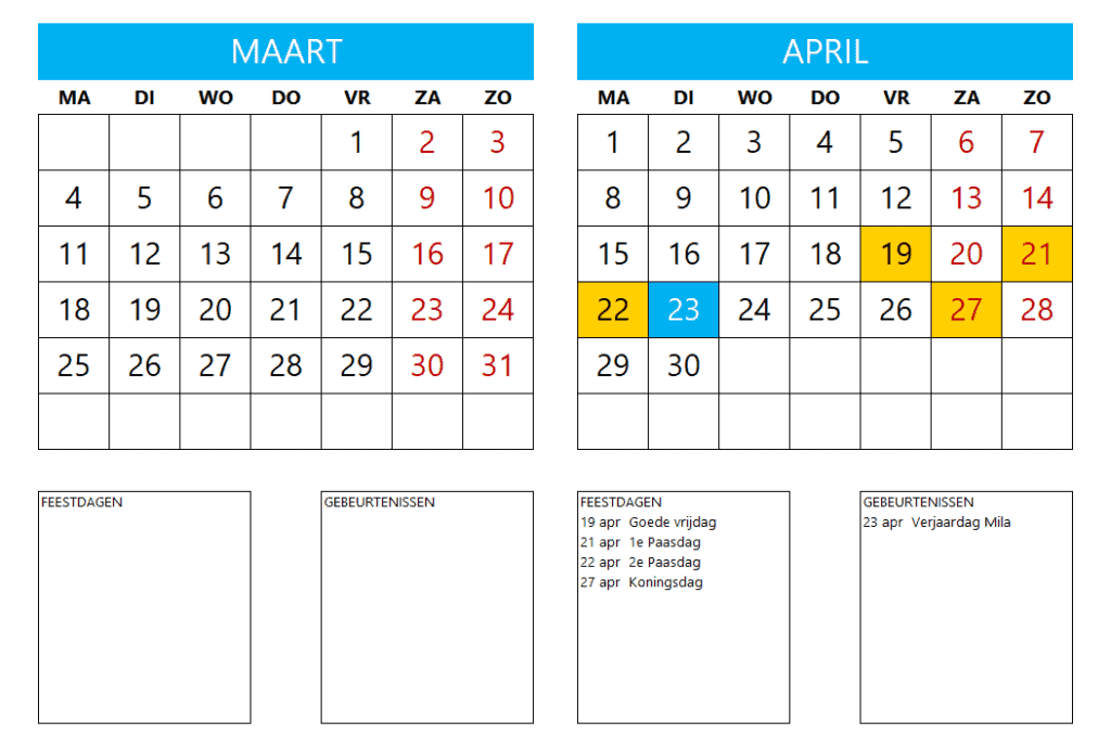 Kalender in Excel, 20 ontwerpen voor jaar-, maand-, week- + dagkalenders