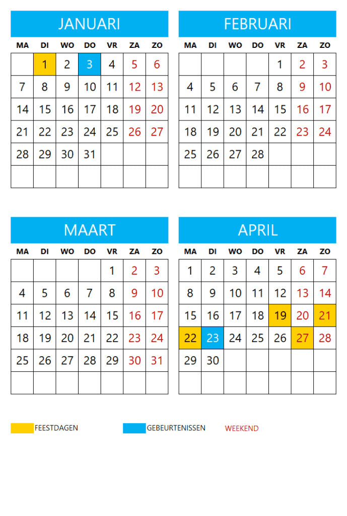Kalender in Excel, 20 ontwerpen voor jaar-, maand-, week- + dagkalenders