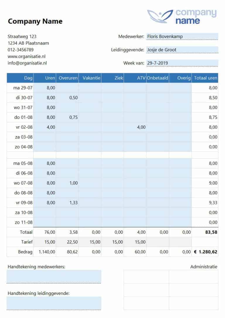 Urenstaat werknemer - maandelijks, (twee)wekelijks uren registreren ...