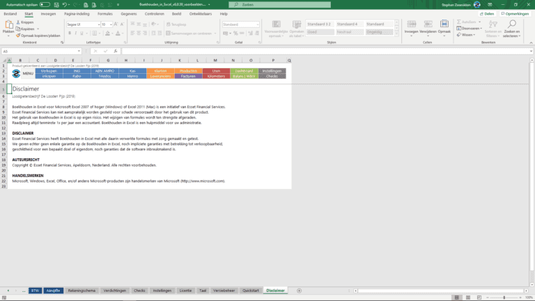 Disclaimer - Boekhouden in Excel