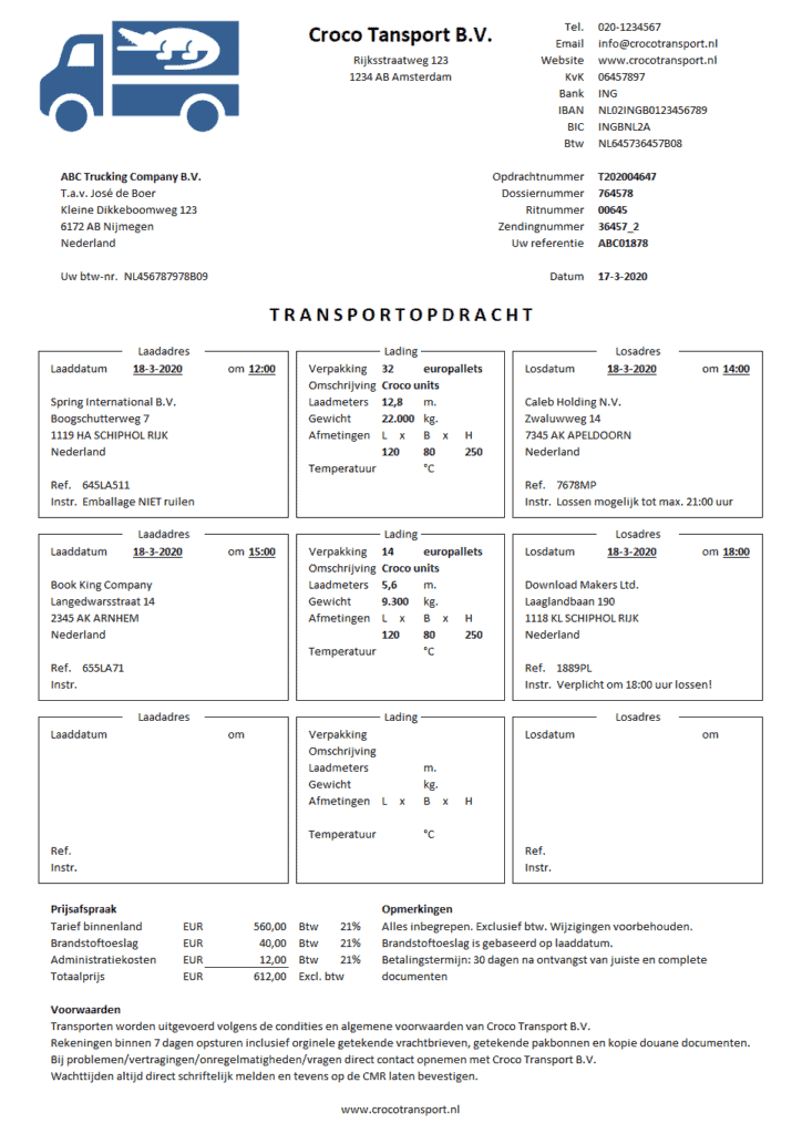 Transportopdracht maken in Excel voor charters, eigen rijders of verladers