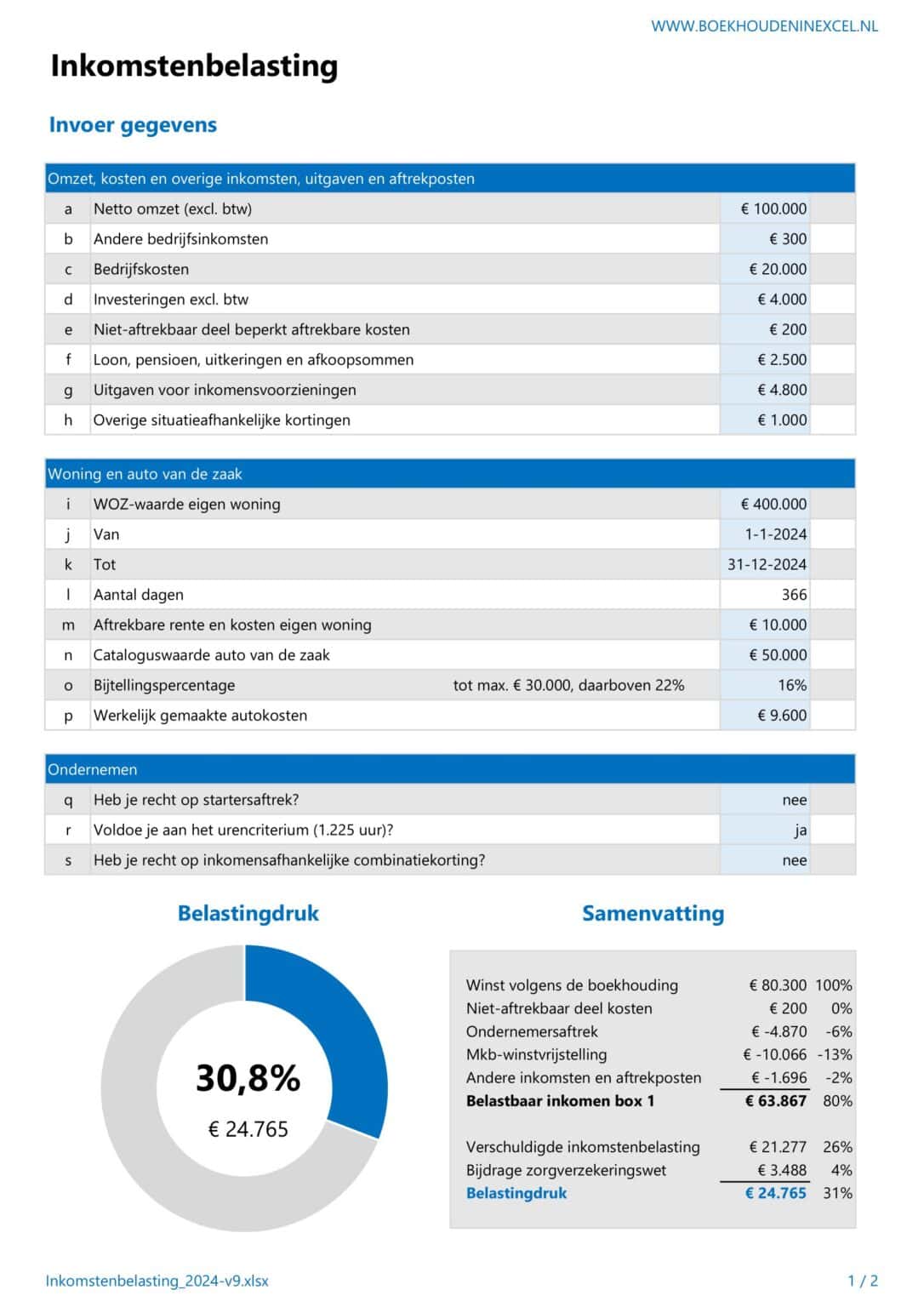Inkomstenbelasting berekenen in Excel voor ZZP'ers