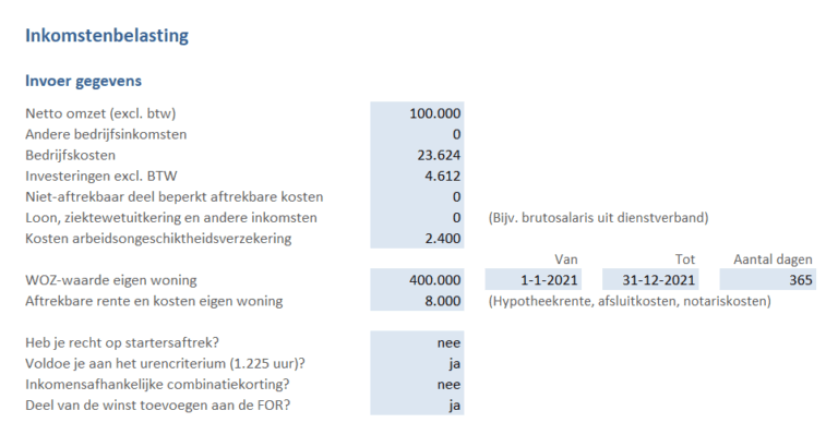 Inkomstenbelasting berekenen in Excel voor ZZP'ers