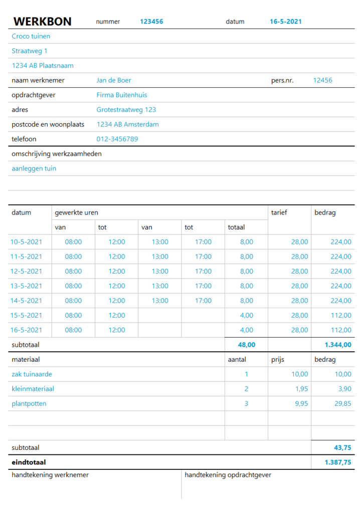 Werkbon in Excel - snel en eenvoudig werkbonnen maken in Excel