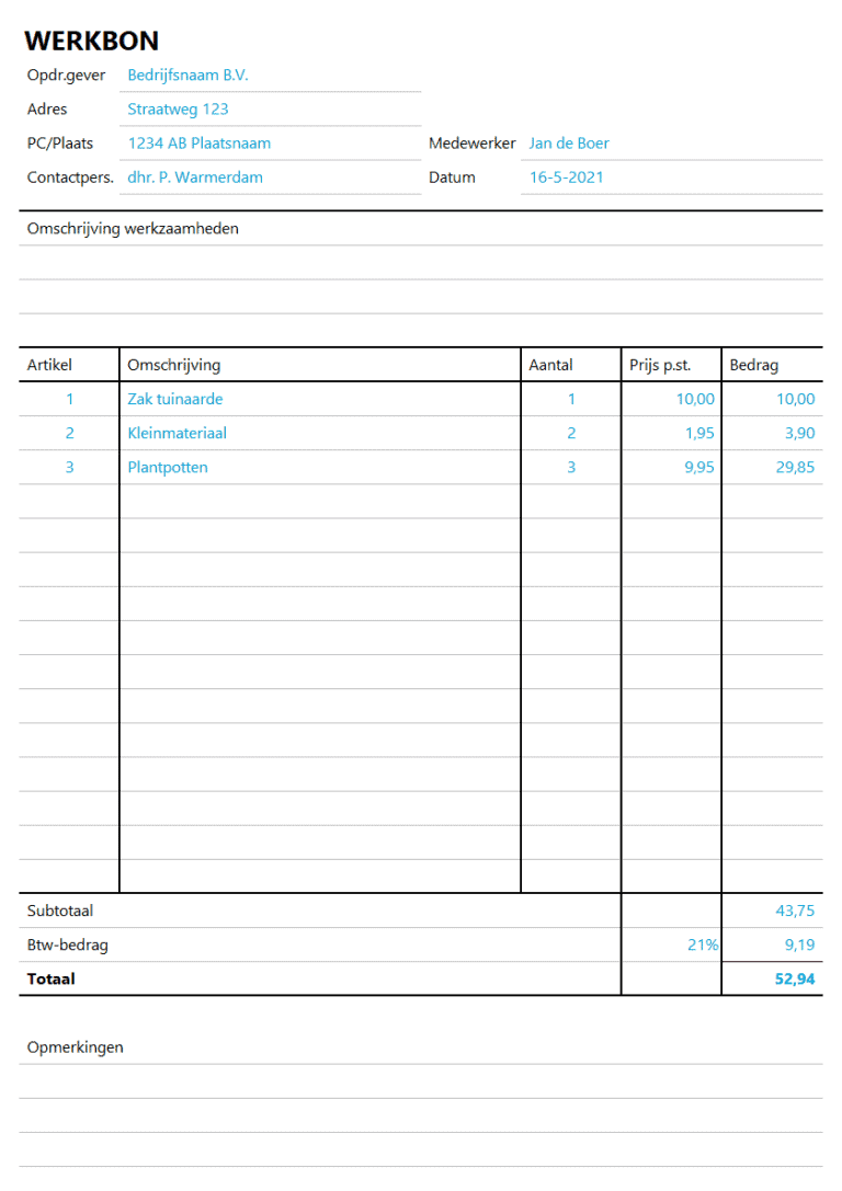 Werkbon in Excel - snel en eenvoudig werkbonnen maken in Excel
