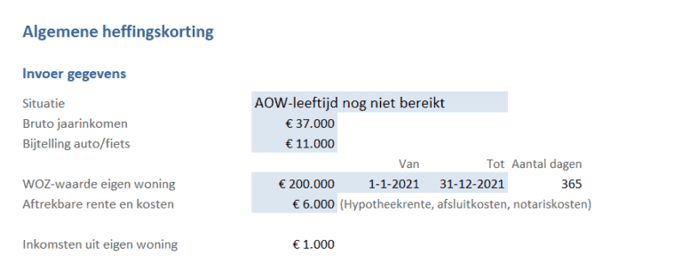 Algemene heffingskorting berekenen bij een bepaald belastbaar inkomen