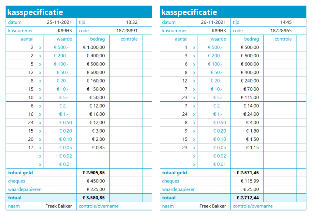 Kasspecificatie in Excel maken - 1, 2 of 4 kastellingen per pagina