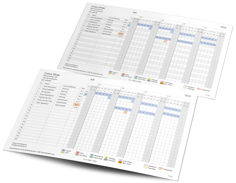 Personeel- en activiteitenplanner in Excel (per maand of per weken)