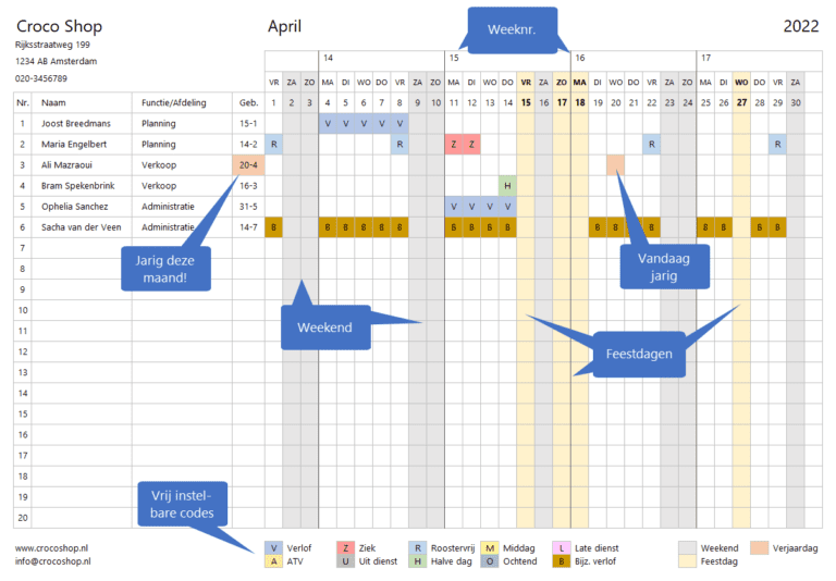 Personeel- en activiteitenplanner in Excel (per maand of per weken)
