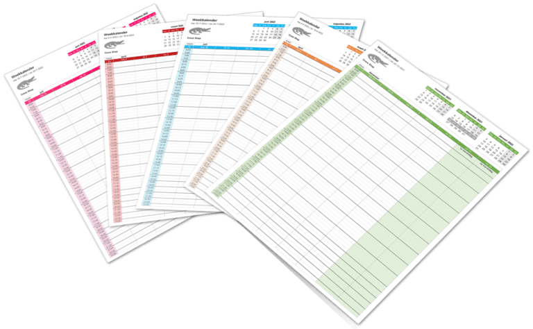 Weekkalender in Excel - kies uit 5 ontwerpen en 10 kleuren