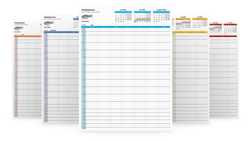 Weekkalender in Excel - kies uit 5 ontwerpen en 10 kleuren