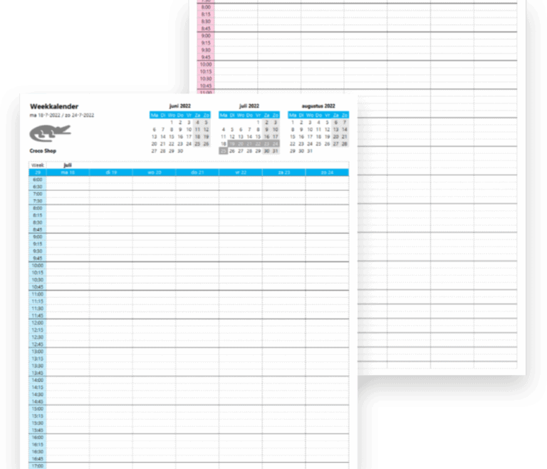 Weekkalender in Excel - kies uit 5 ontwerpen en 10 kleuren