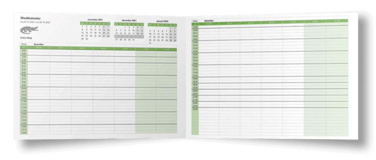 Weekkalender in Excel - kies uit 5 ontwerpen en 10 kleuren