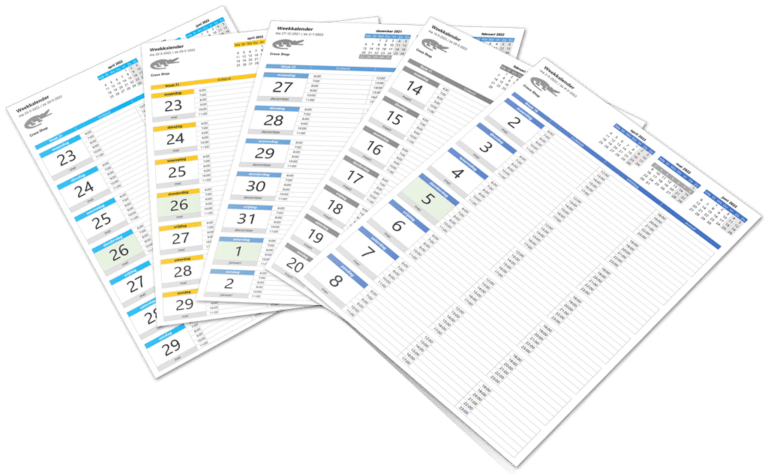 Weekkalender in Excel - kies uit 5 ontwerpen en 10 kleuren