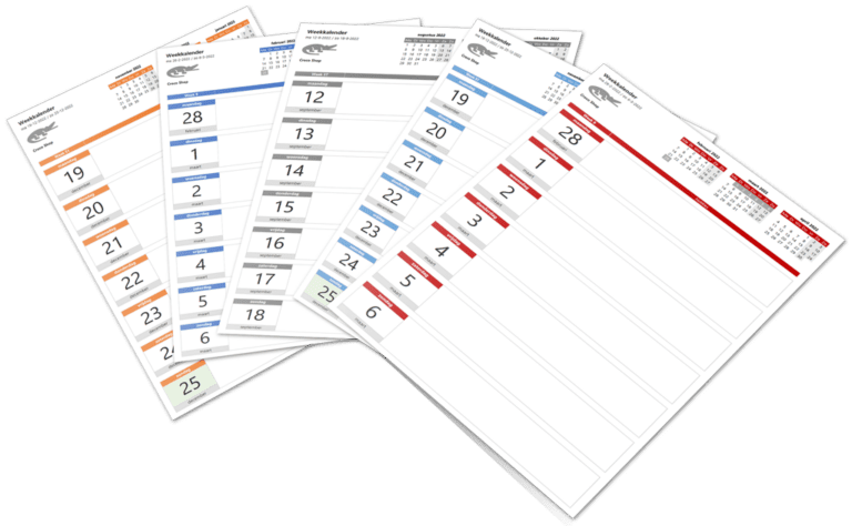 Weekkalender in Excel - kies uit 5 ontwerpen en 10 kleuren