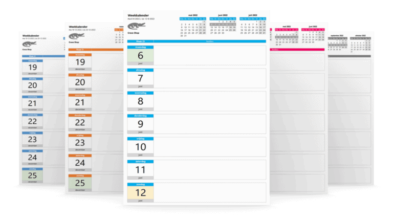 Weekkalender in Excel - kies uit 5 ontwerpen en 10 kleuren