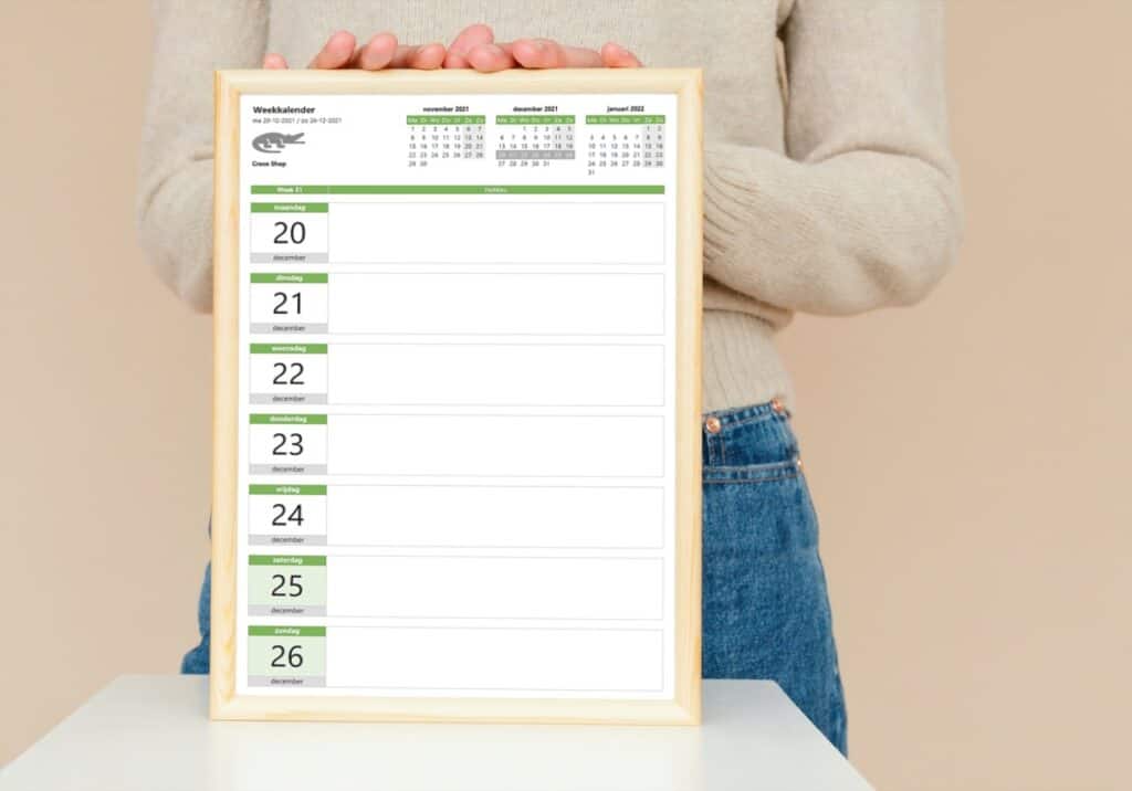 Weekkalender in Excel - kies uit 5 ontwerpen en 10 kleuren