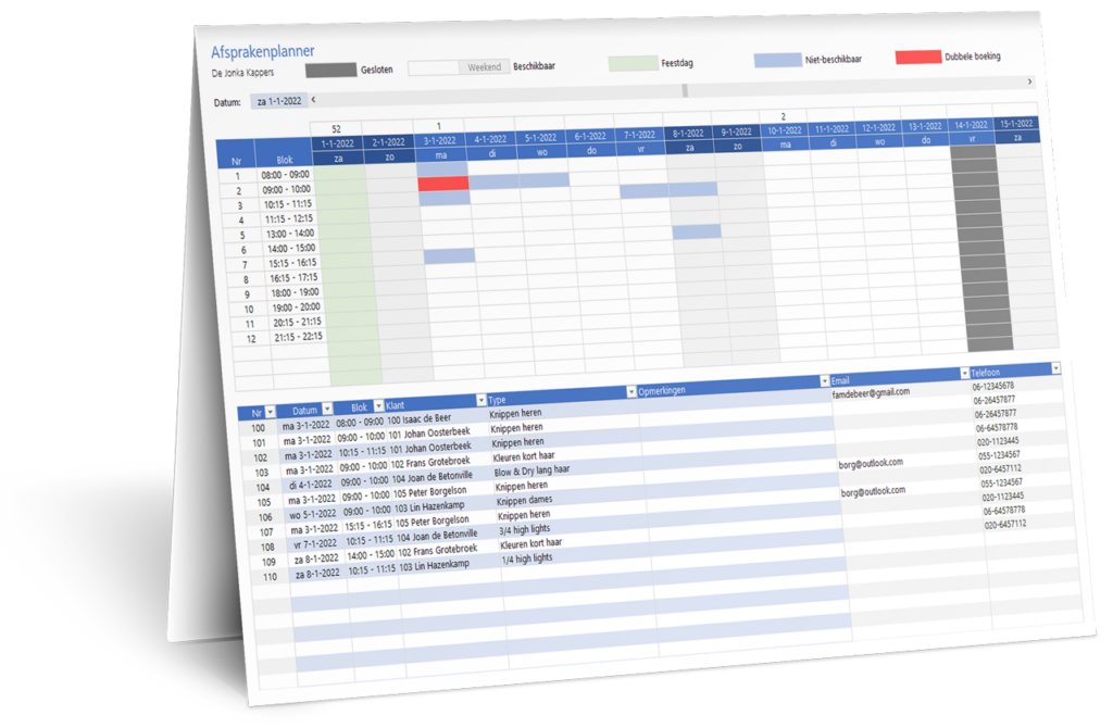 Afsprakenplanner - leg simpel je reserveringen vast in Excel