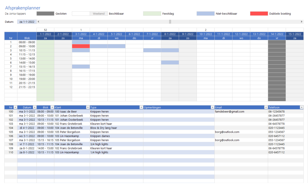 Afsprakenplanner - leg simpel je reserveringen vast in Excel