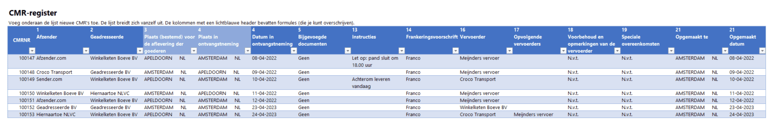 CMR vrachtbrief in Excel - Pro: inclusief historie in register