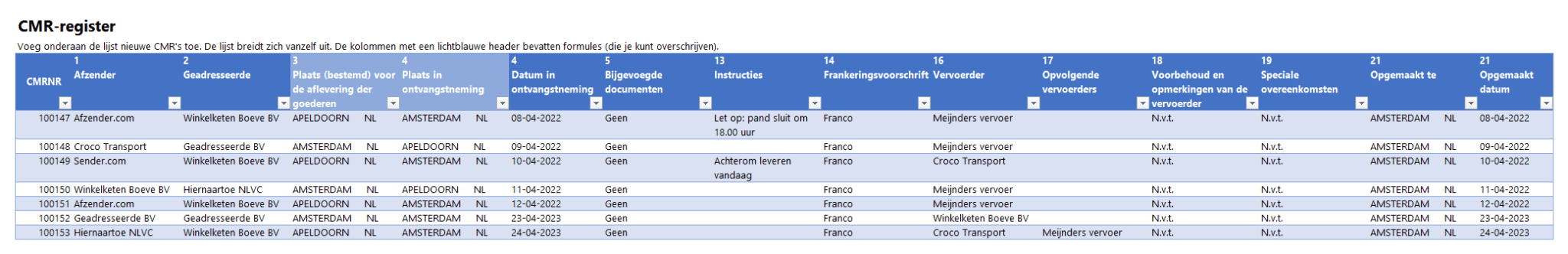 CMR vrachtbrief in Excel - Pro: inclusief historie in register
