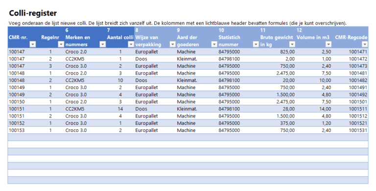 CMR vrachtbrief in Excel - Pro: inclusief historie in register