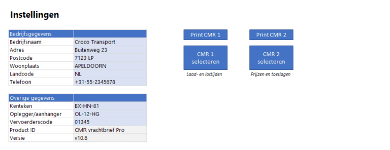 CMR vrachtbrief in Excel - Pro: inclusief historie in register