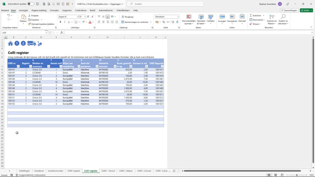 CMR vrachtbrief in Excel - Pro: inclusief historie in register