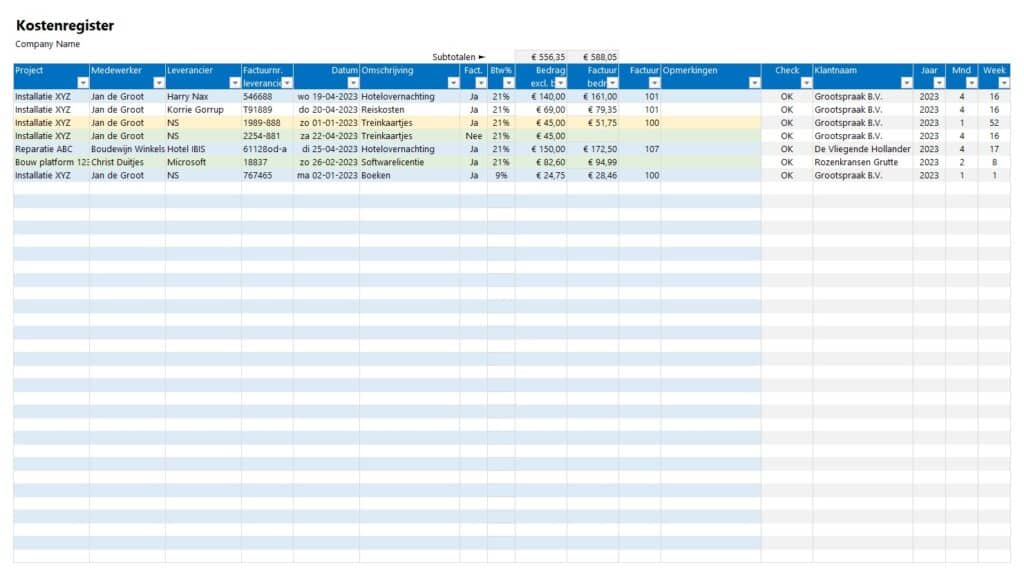 Projectadministratie in Excel - voor uren en kosten