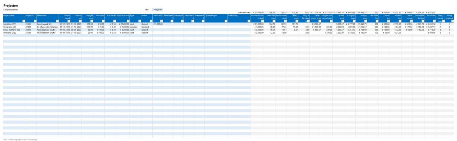 Projectadministratie in Excel - voor uren en kosten