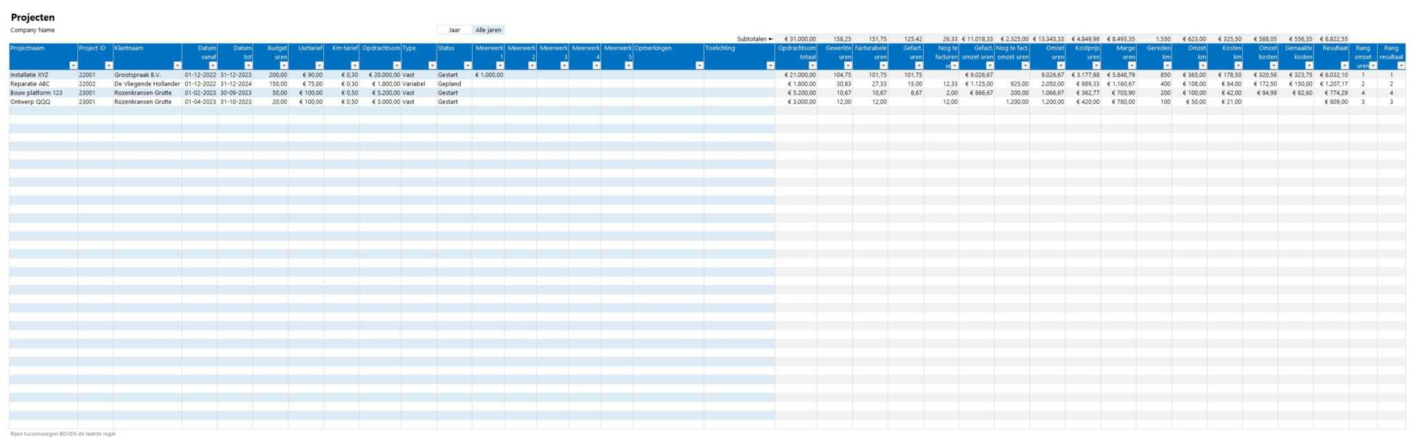 Projectadministratie in Excel - voor uren en kosten