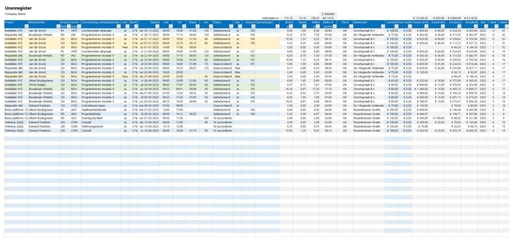 Projectadministratie in Excel - voor uren en kosten