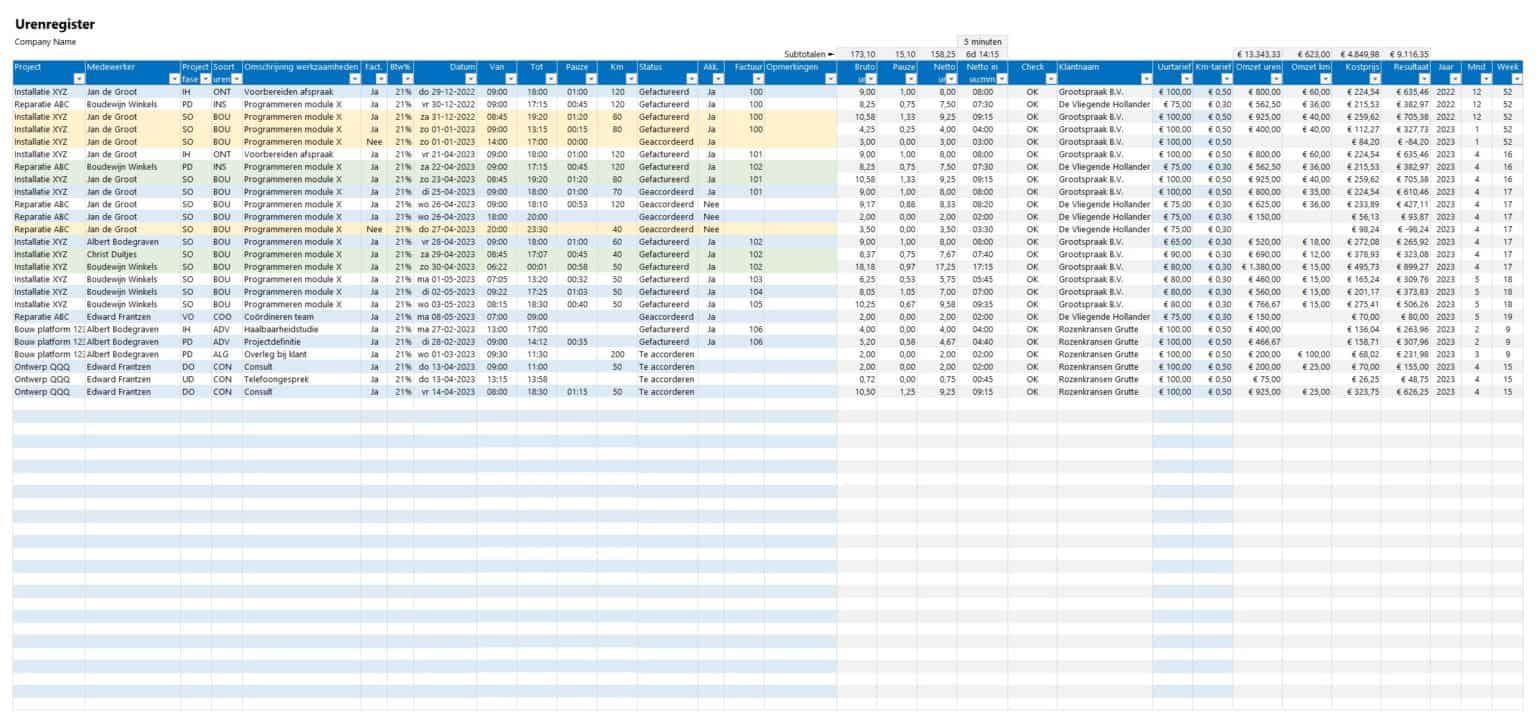 Projectadministratie in Excel - voor uren en kosten