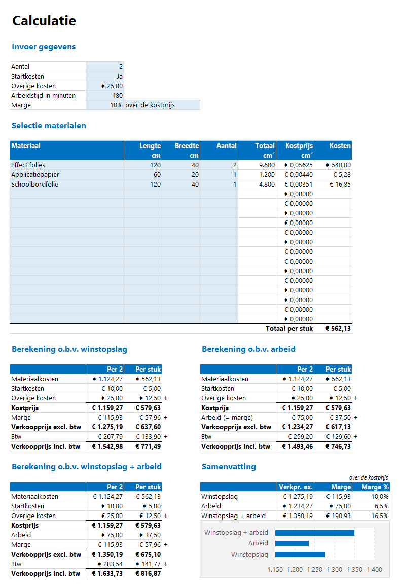 Druk- en printwerk calculator in Excel - factuur + specificatie
