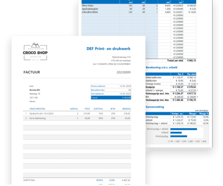Druk- en printwerk calculator in Excel - factuur + specificatie