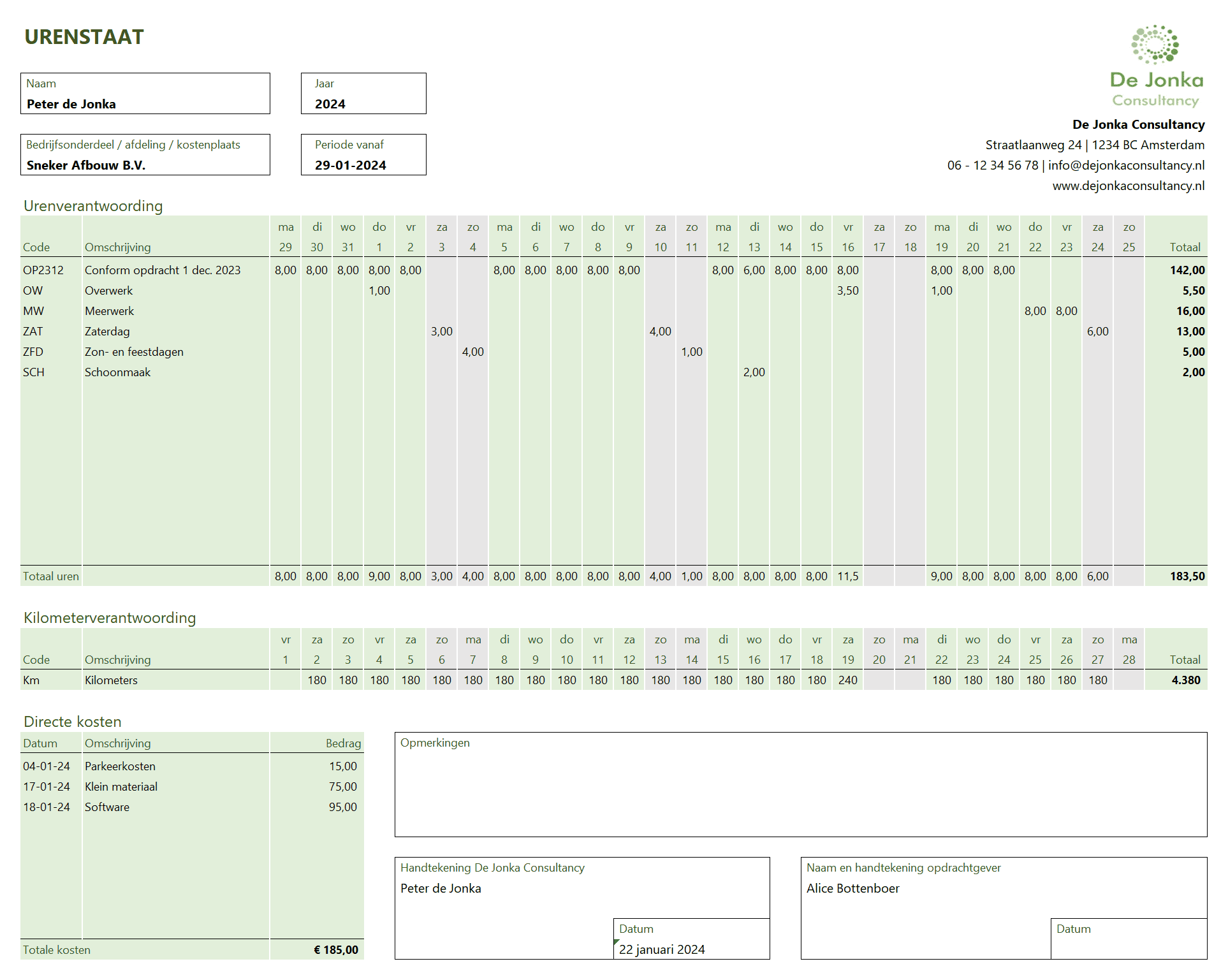 Urenstaat en factuur voor consultants in Excel - Pro-versie