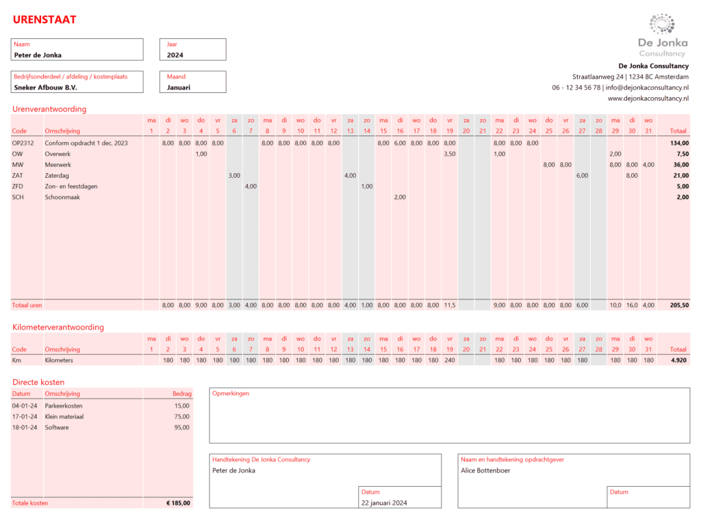 Urenstaat en factuur voor consultants in Excel - Pro-versie