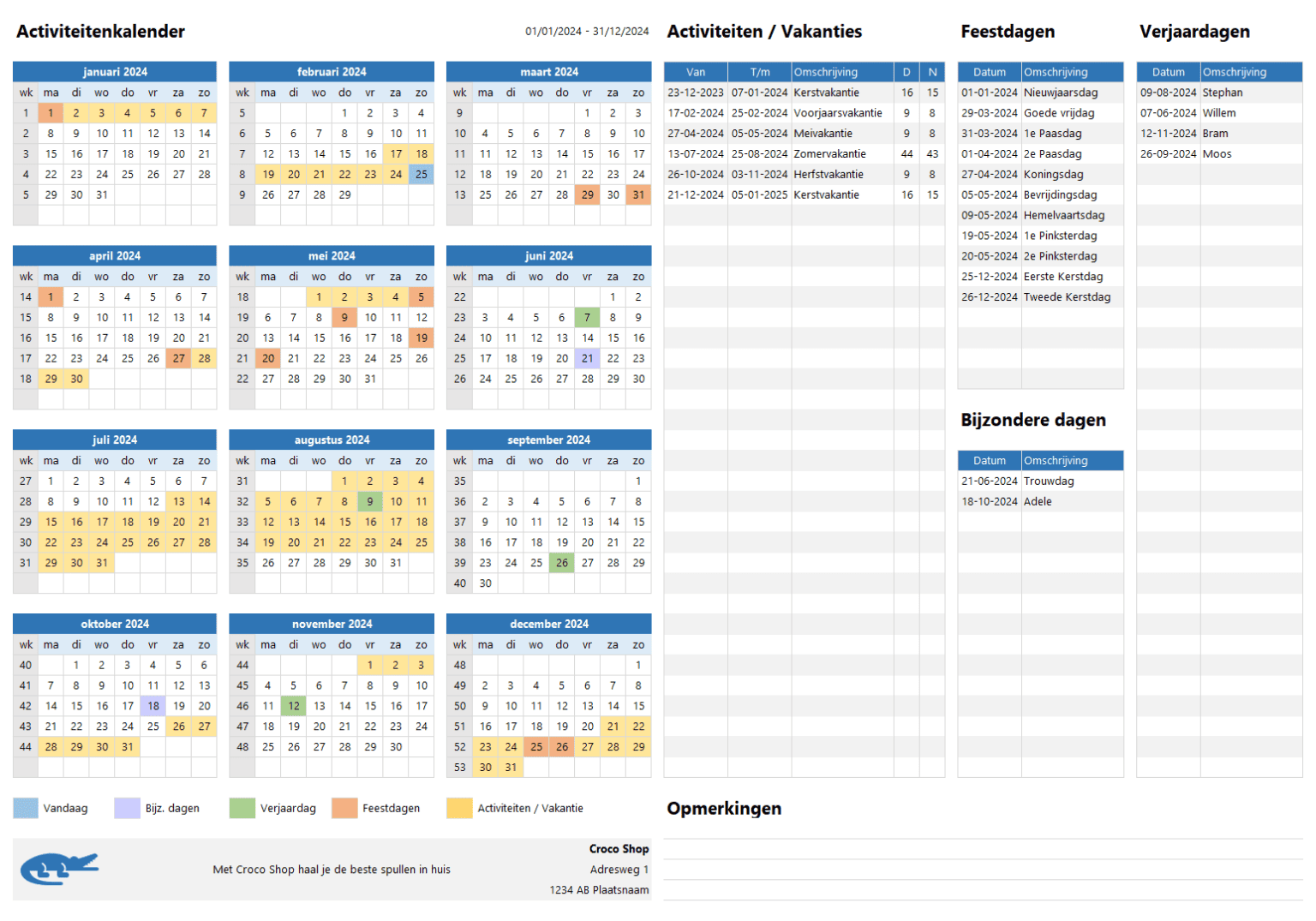 Activiteitenkalender in Excel - plan activiteiten, vakanties etc.