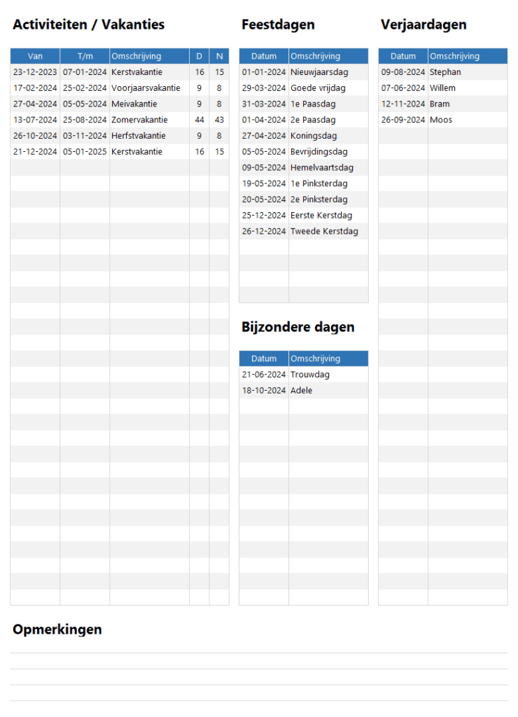 Activiteitenkalender in Excel - plan activiteiten, vakanties etc.