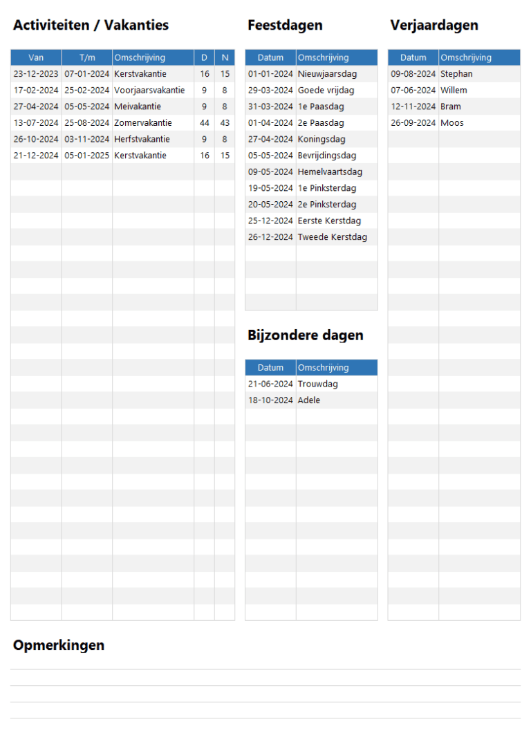 Activiteitenkalender in Excel - plan activiteiten, vakanties etc.